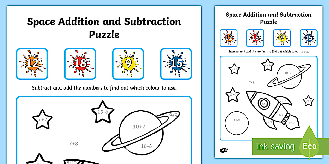 Space Addition and Subtraction Puzzle (0-20) (teacher made)