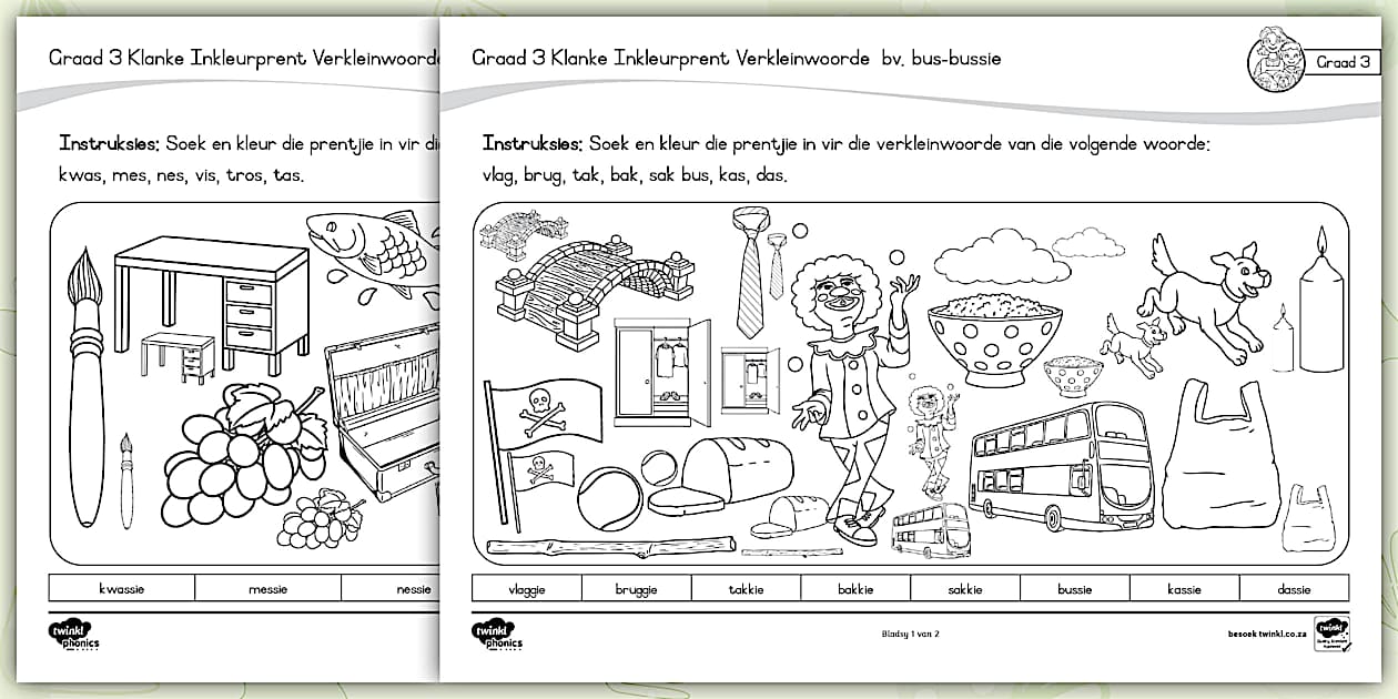 Graad 3 Klanke Inkleurprent Verkleinwoorde bv. bus-bussie