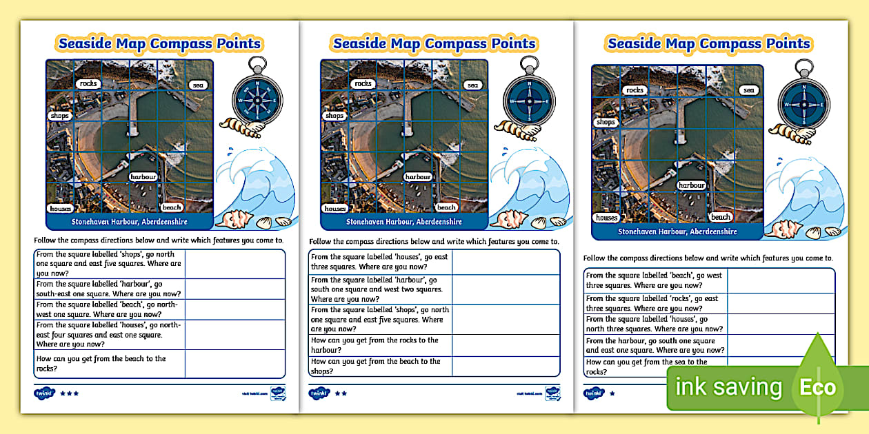 Seaside Compass Points Activity - Geography - KS1 - Twinkl