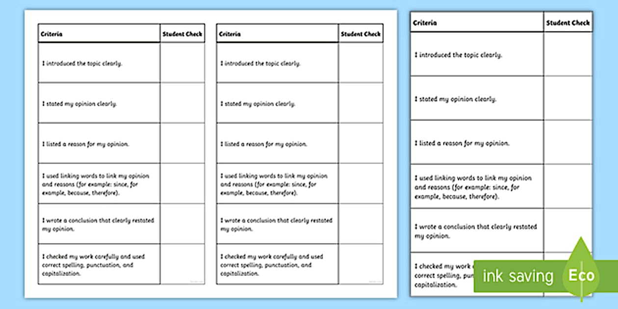 Third Grade Opinion Writing Genre Checklist (Teacher-Made)