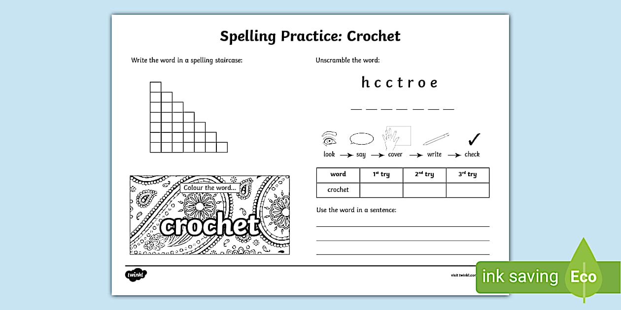 Crochet Spelling Practice Worksheet (Teacher-Made) - Twinkl