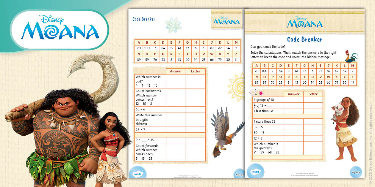 👉 Moana Maths Worksheets | Maths Code Breaker [Ages 5-7]