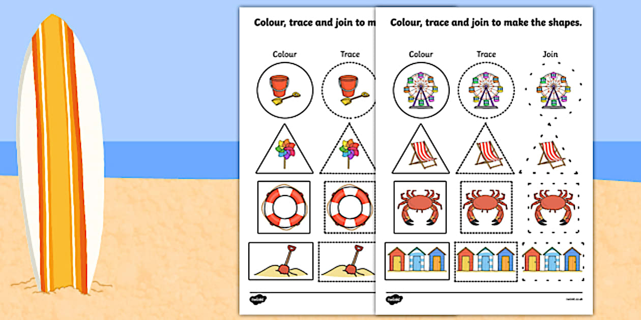 Black and White Seaside 2D Shape Colour Trace Join - Twinkl