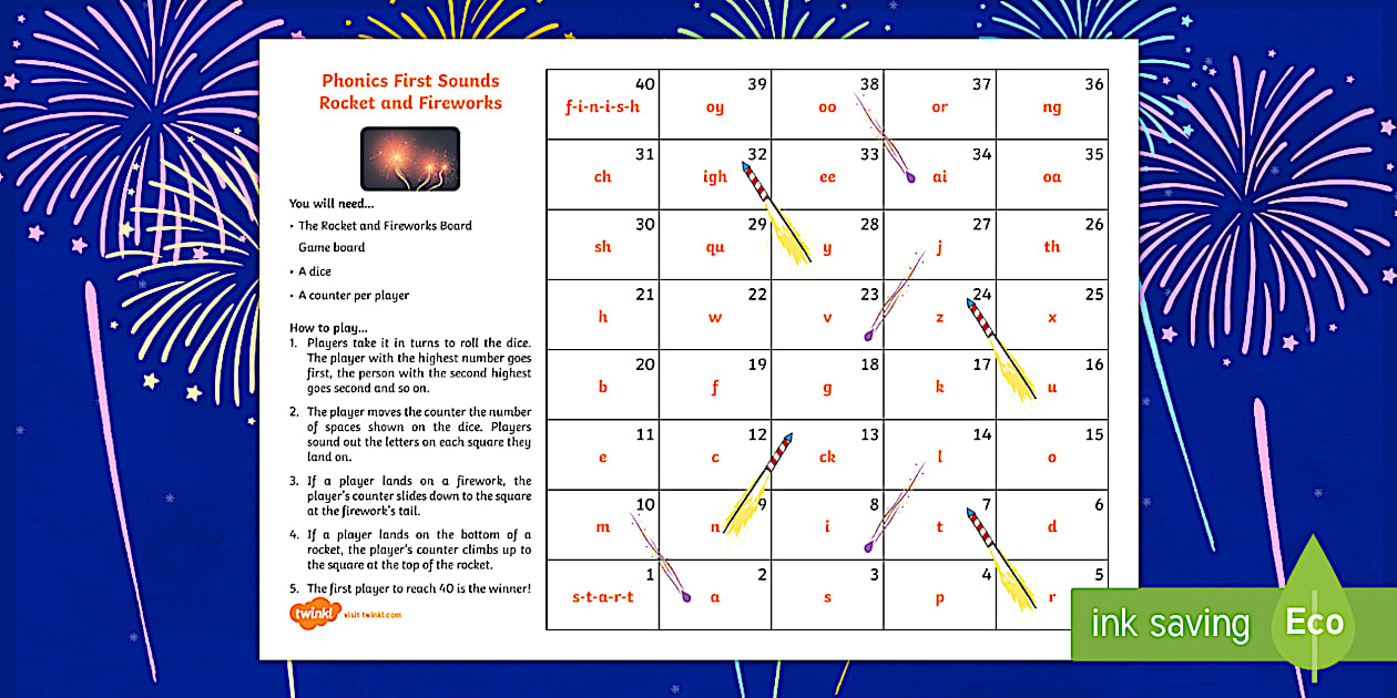Rockets and Fireworks Phonics Board Game