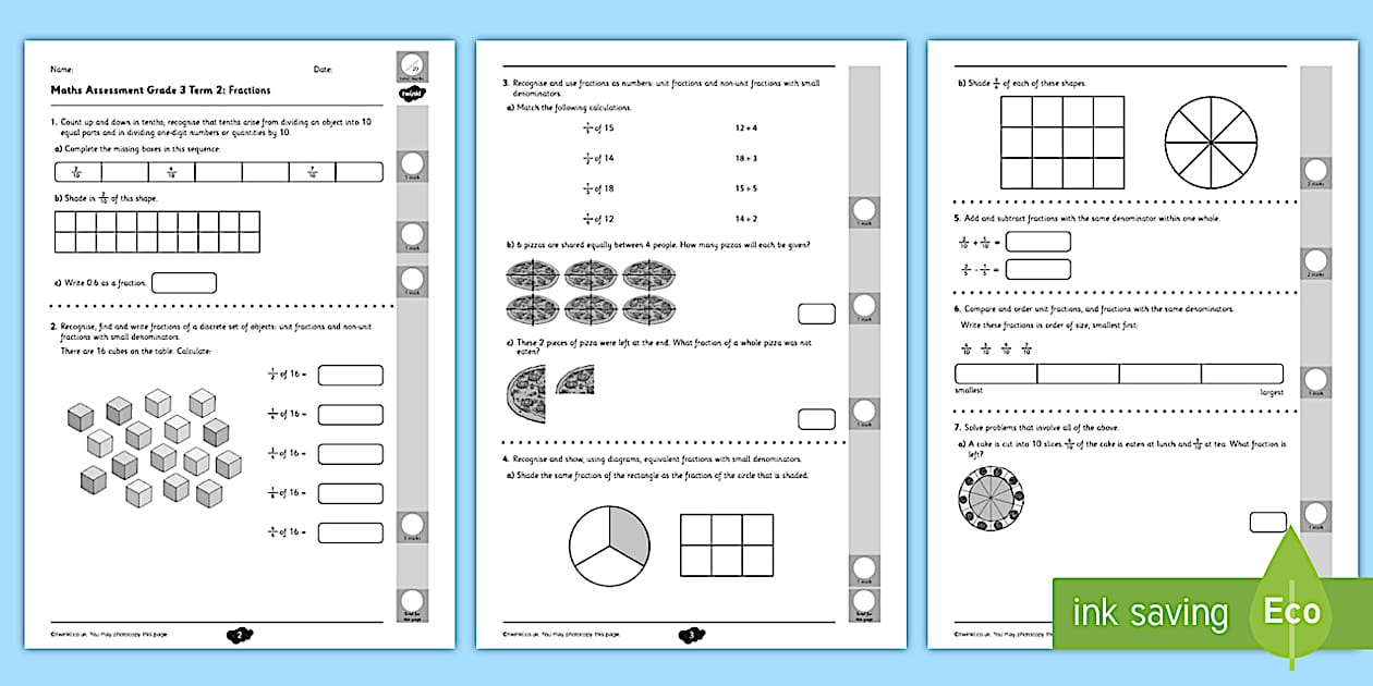 Grade 3 Fractions Term 2 Test - Twinkl