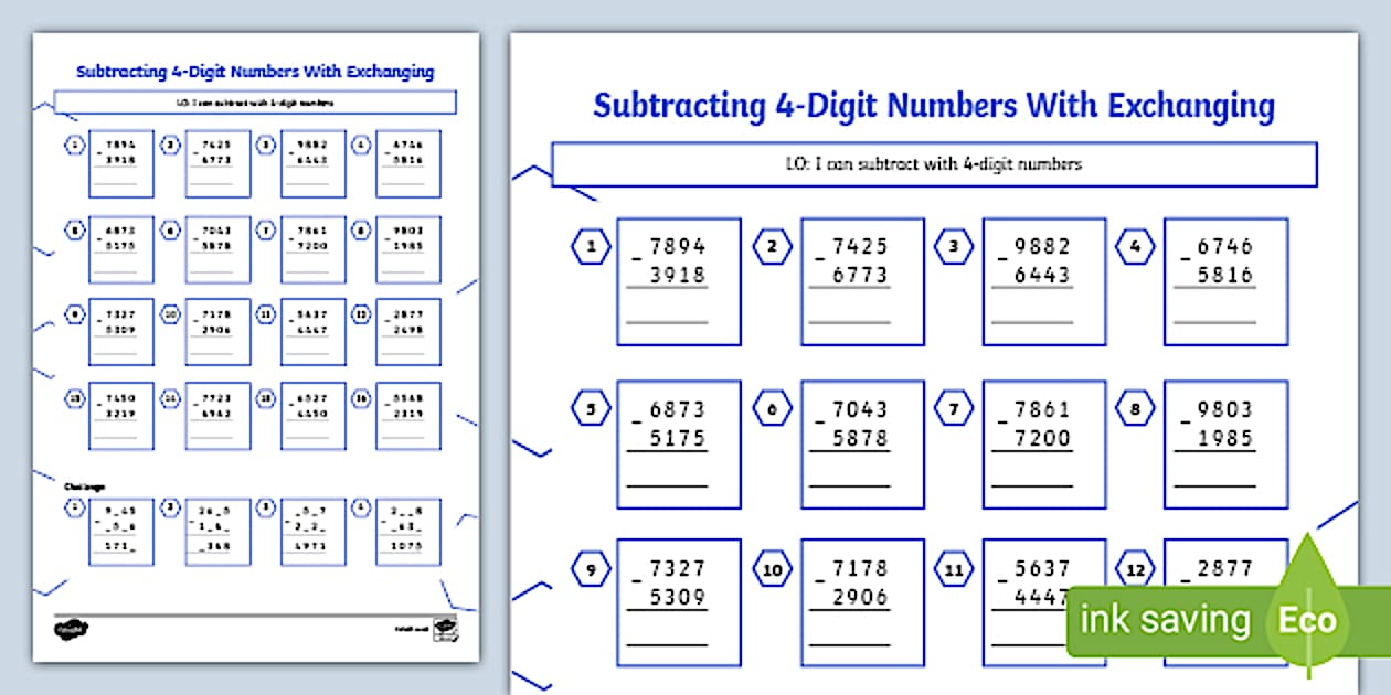 4-Digit Subtraction - Subtraction With Exchanging - Twinkl