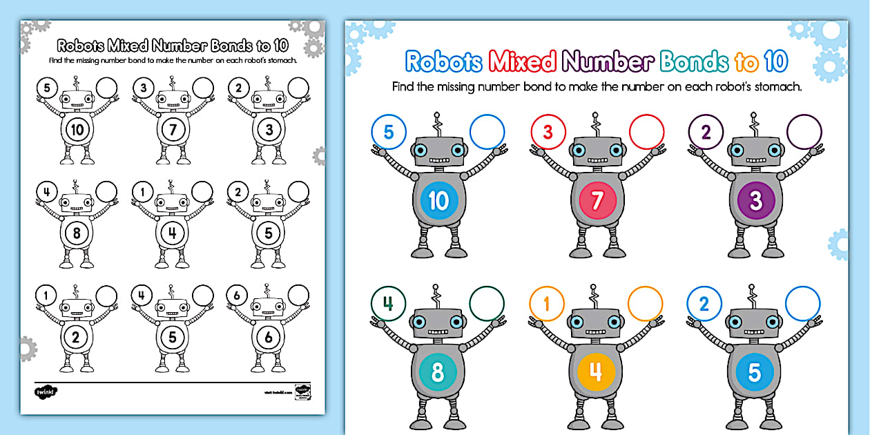 Robots Mixed Number Bonds to 10 Activity Worksheet - Twinkl