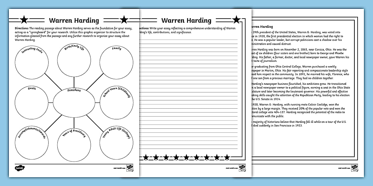 Eighth Grade Warren Harding Organizer and Essay Writing Page