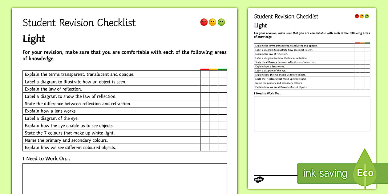 Light Student Revision Checklist (teacher made) - Twinkl