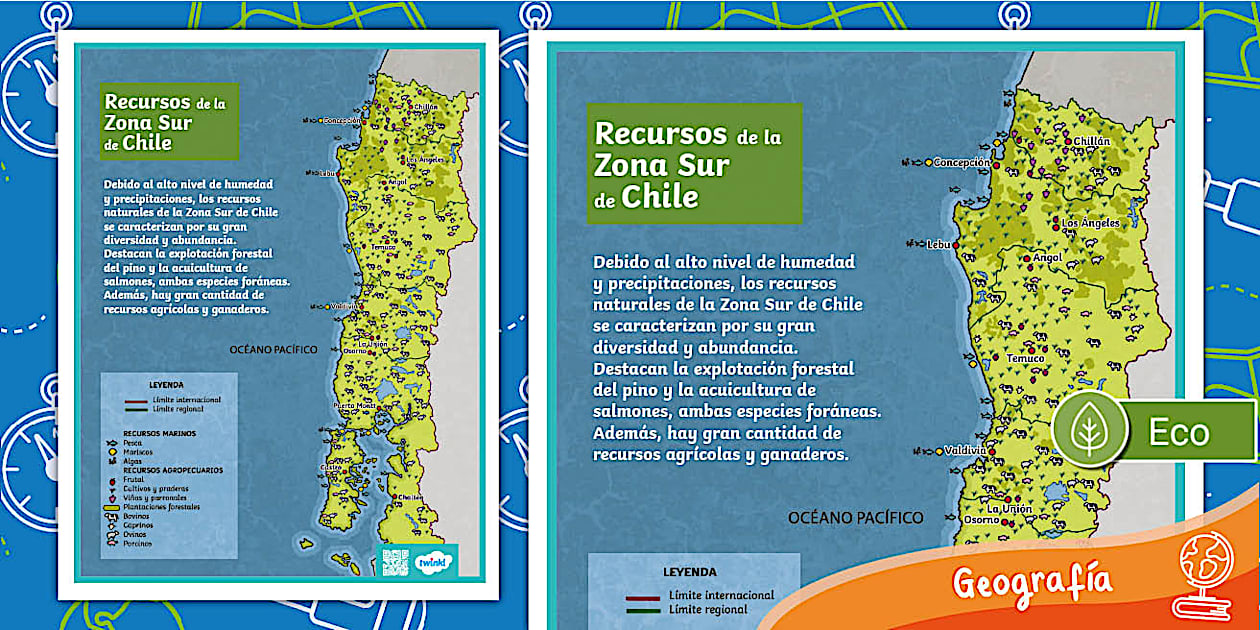 Póster | Mapa Recursos Zona Sur de Chile | Geografía