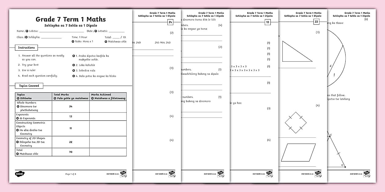 Grade 7 Maths - Term 1 - Maths Assessment - St/Eng CAPS