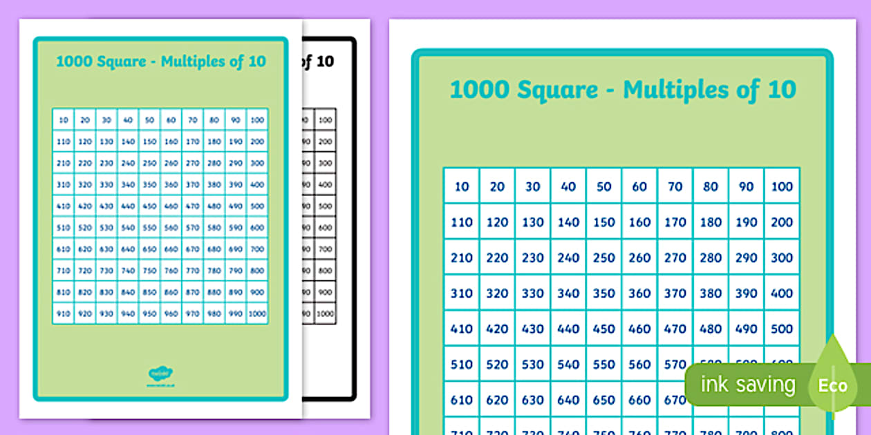 Black and White 1000 Number Square Multiples of 10 - Twinkl