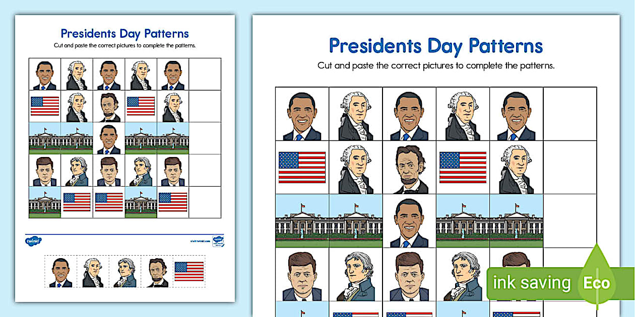 Presidents Day Patterns Cut and Stick Worksheet - Twinkl