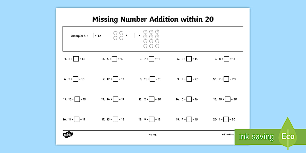 Missing Number Addition Within 20 Worksheet / Worksheet - Mental Maths Warm