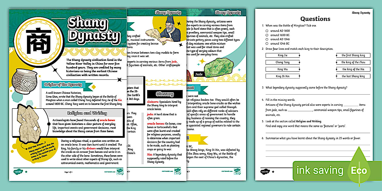 UKS2 Shang Dynasty Differentiated Comprehension Activity