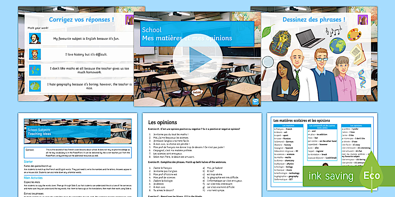 Cover Lesson: School Subjects and Opinions Lesson Pack French