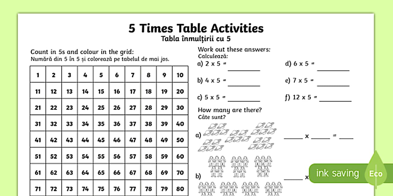 5 Times Table Worksheet / Worksheet English/Romanian - 5 Times Table ...
