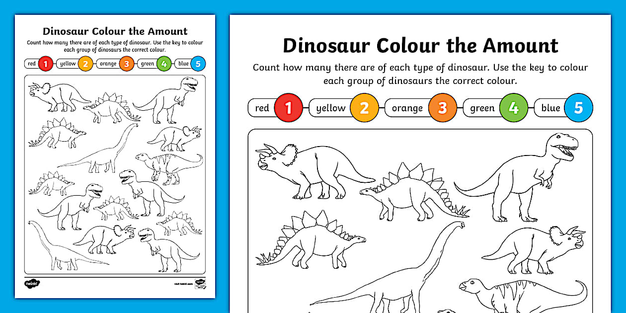 👉 Dinosaur Colour the Amount Worksheet - Twinkl