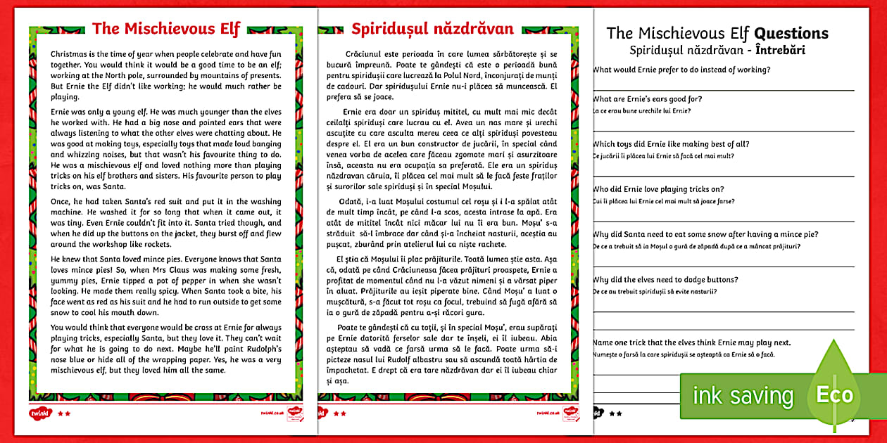 KS1 The Mischievous Elf Differentiated Reading Comprehension Activity