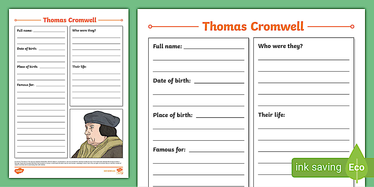 Thomas Cromwell Fact File Template (teacher made) - Twinkl