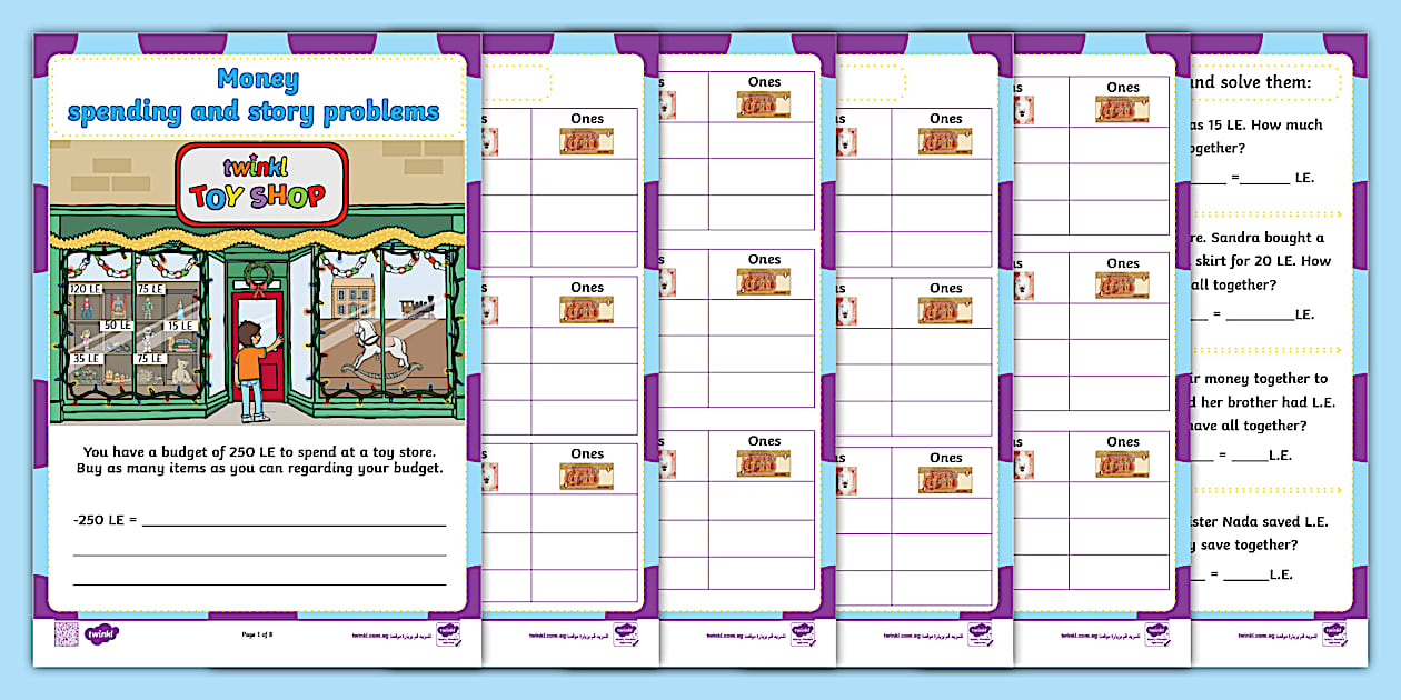 Money spending and story problems worksheet - Twinkl