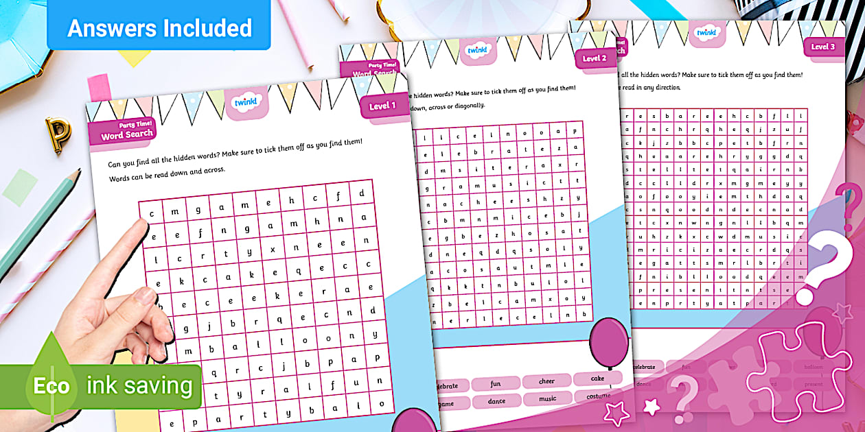 Birthday Party Word Search Puzzle Pack - All Levels - Twinkl