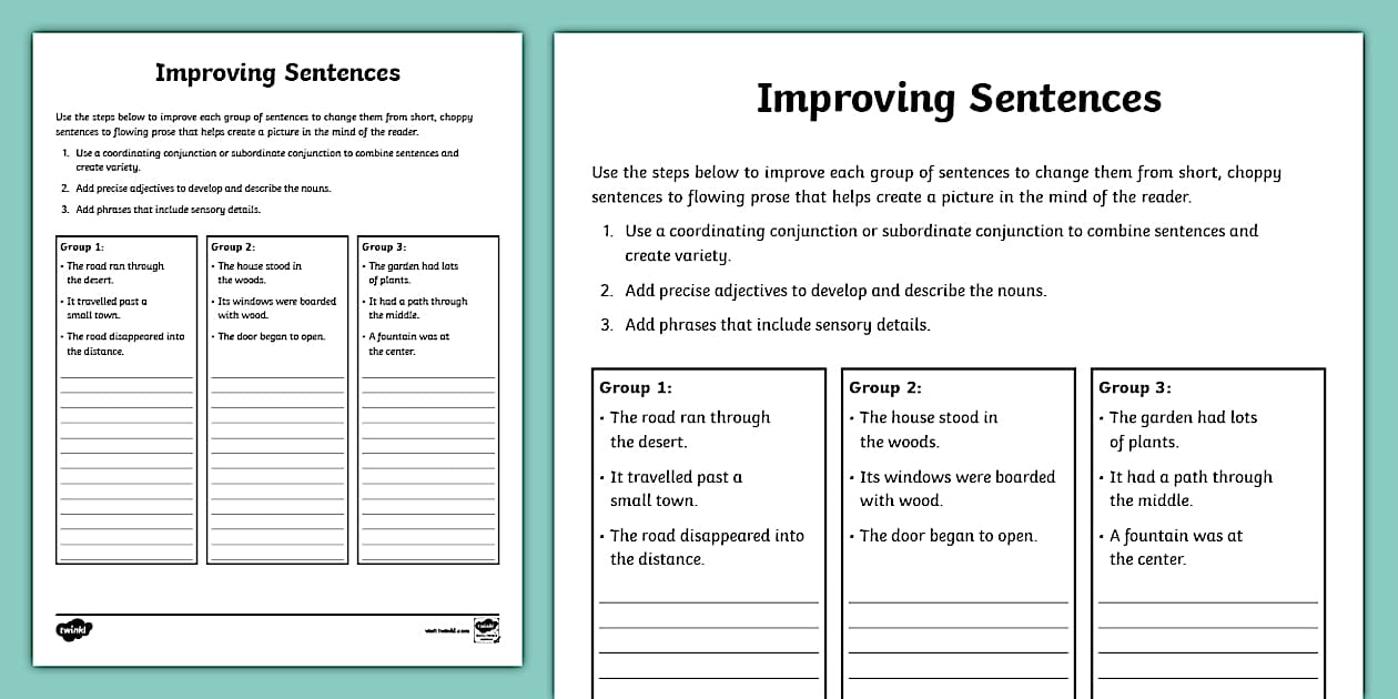 Improving Sentences Worksheet for 6th-8th Grade - Twinkl