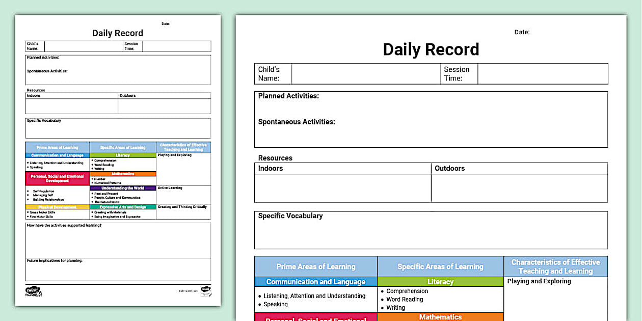 Daily Diary | Retrospective Record & Itinerary Template EYFS
