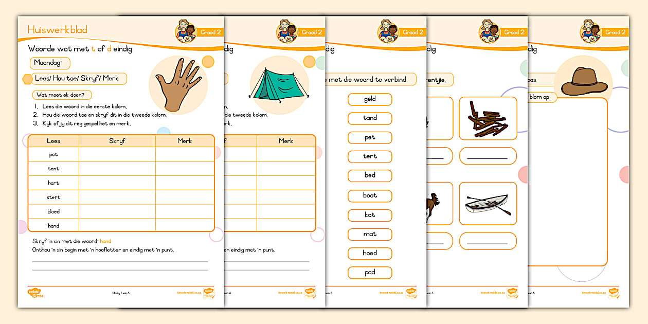 Graad 2 Klanke - Huiswerkblad Woorde wat met t/d Eindig