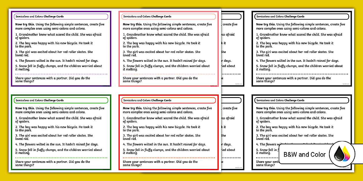 Semicolon and Colon Challenge Cards for 6th-8th Grade