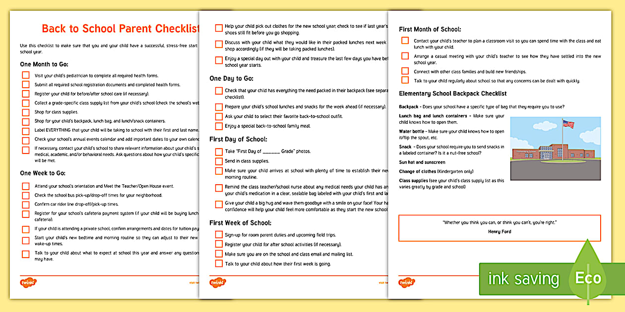 Black and White Back to School Checklist for Parents