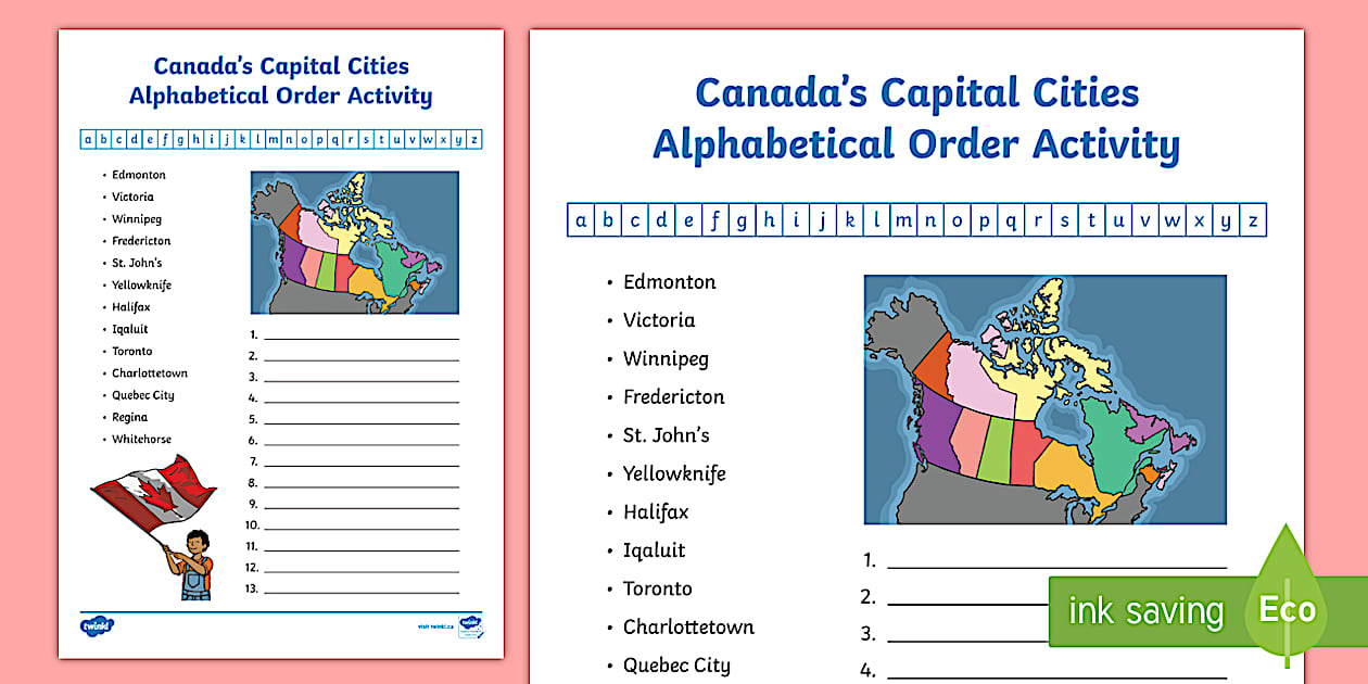 Canada's Capital Cities Alphabetical Order Worksheet / Worksheet