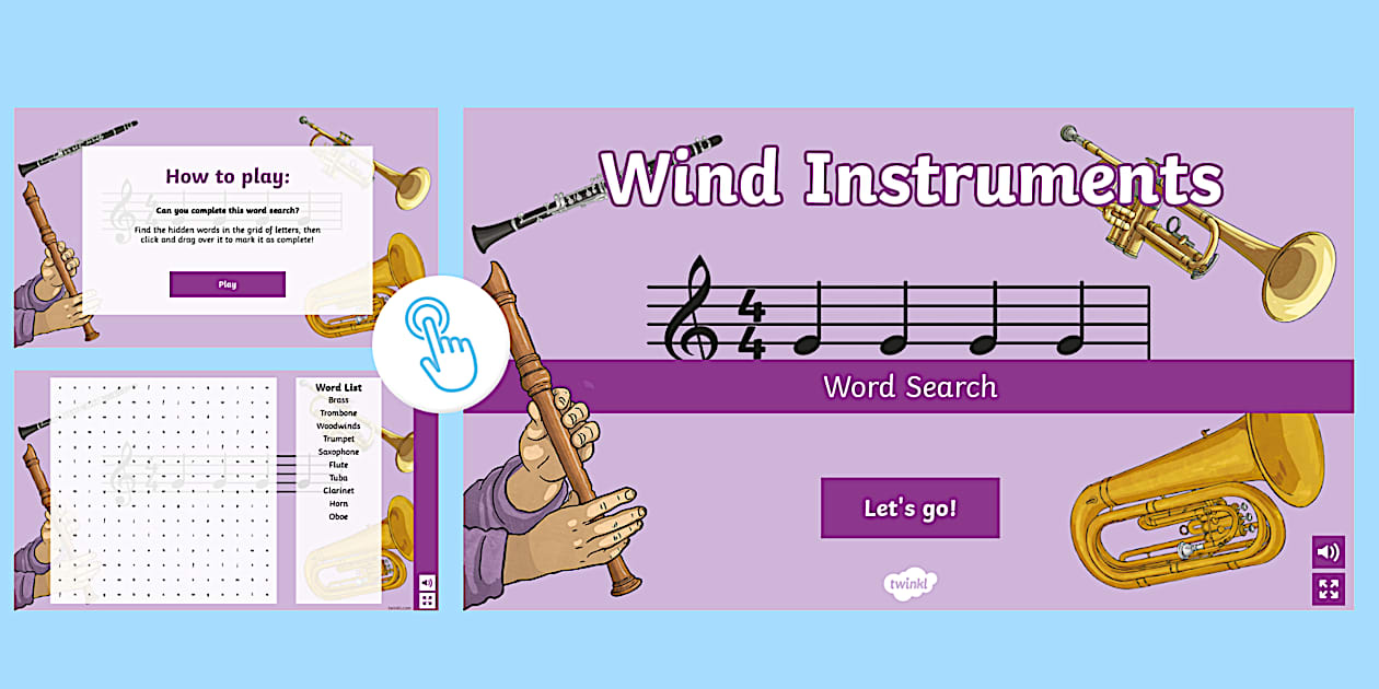Interactive Wind Instruments Word Search (teacher made)