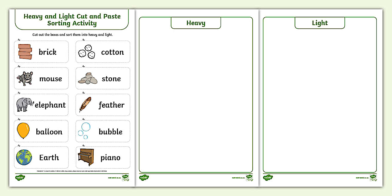 Grade R Mass: Heavy and Light - Cut and Paste Activity