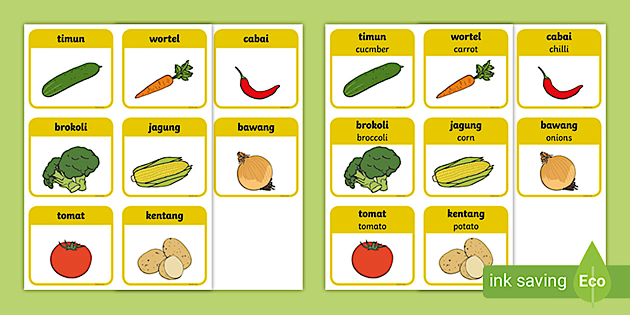 Vegetables Vocabulary Cards Indonesian (teacher made)