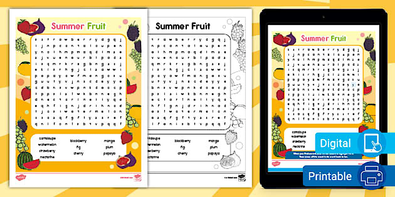 Summer Fruit Word Search for 1st-2nd Grade - Twinkl