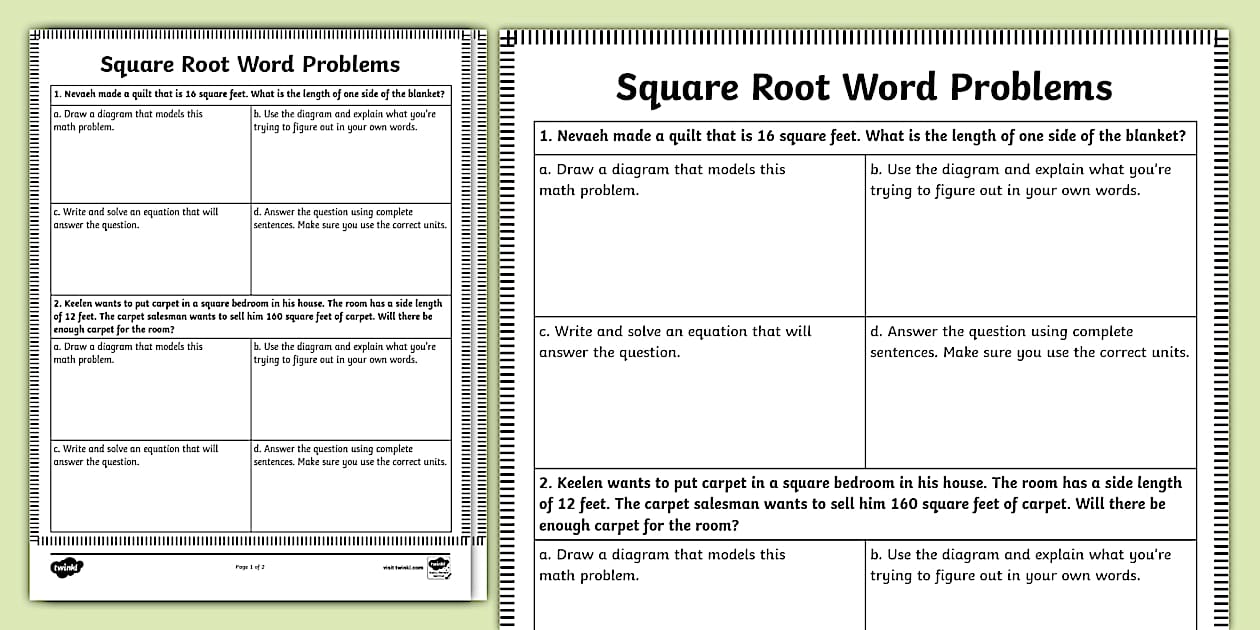 Eighth Grade Square Root Word Problems Practice Worksheet