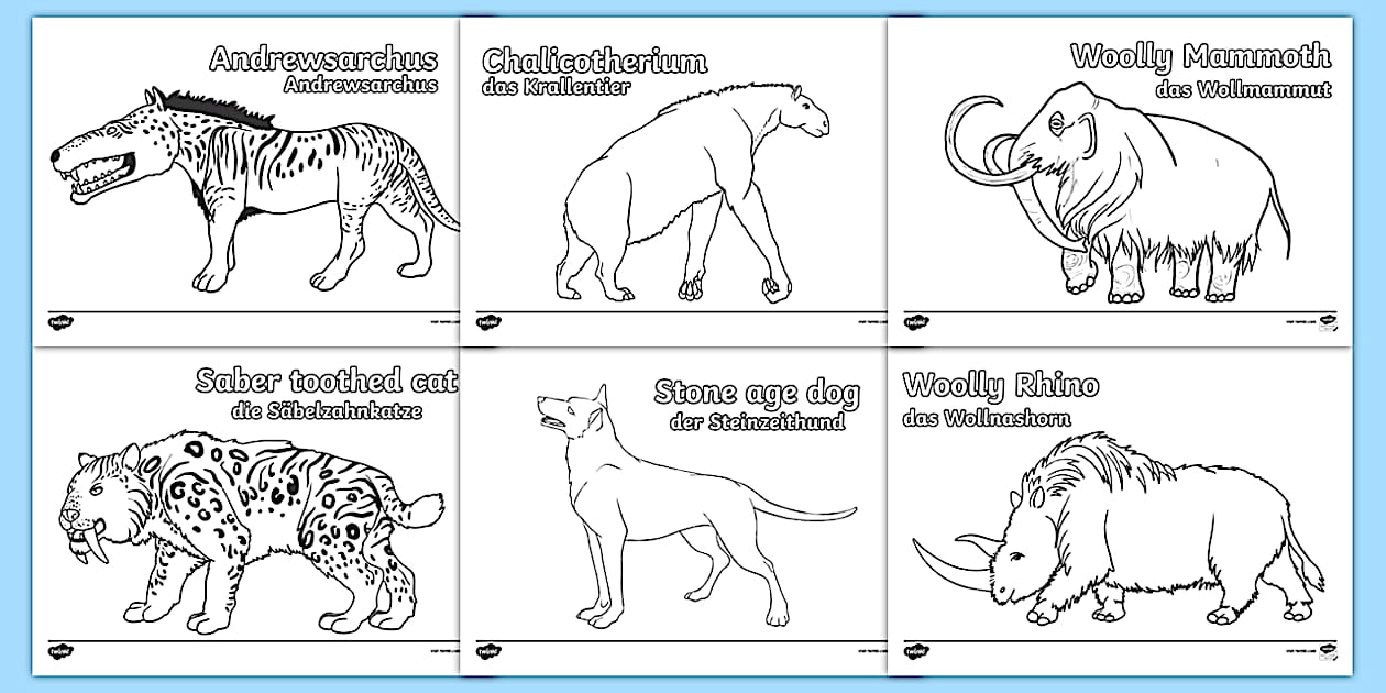 Stone Age Animals Colouring Pages English/German - Twinkl