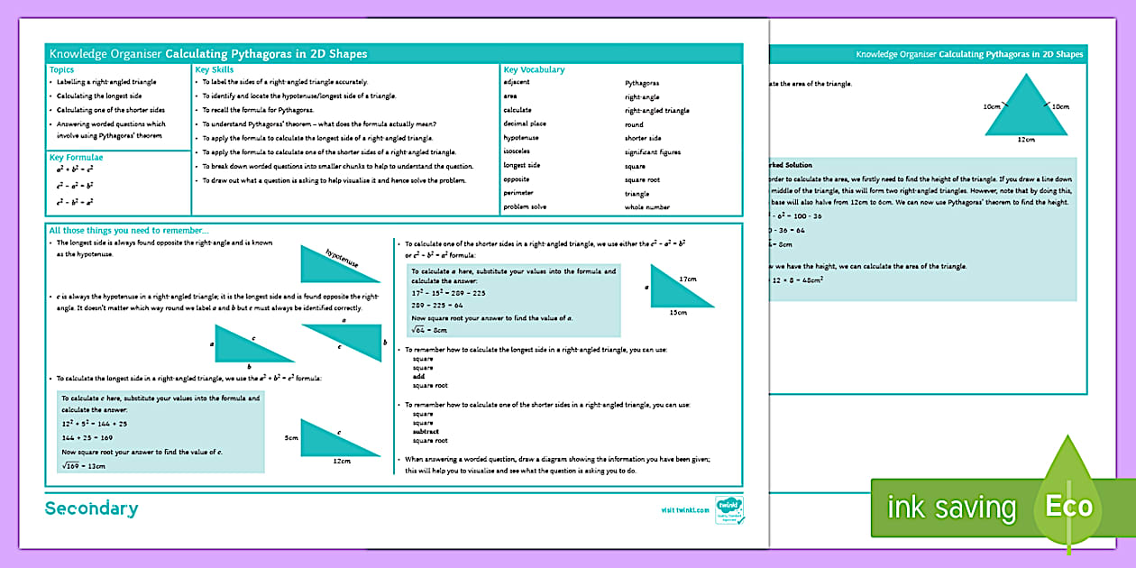 KS3 Geometry: Calculating Pythagoras in 2D Shapes Knowledge Organiser