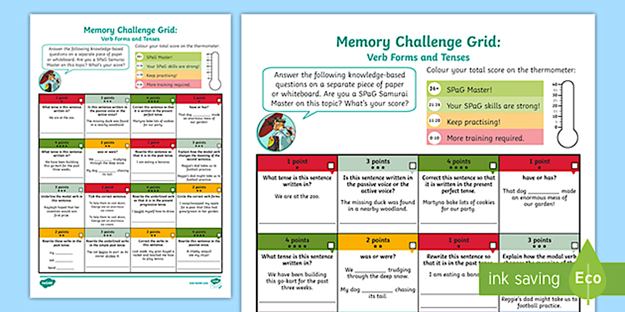 Year 6 SPaG Retrieval Working Memory Challenge Grid: Verb Forms & Tenses