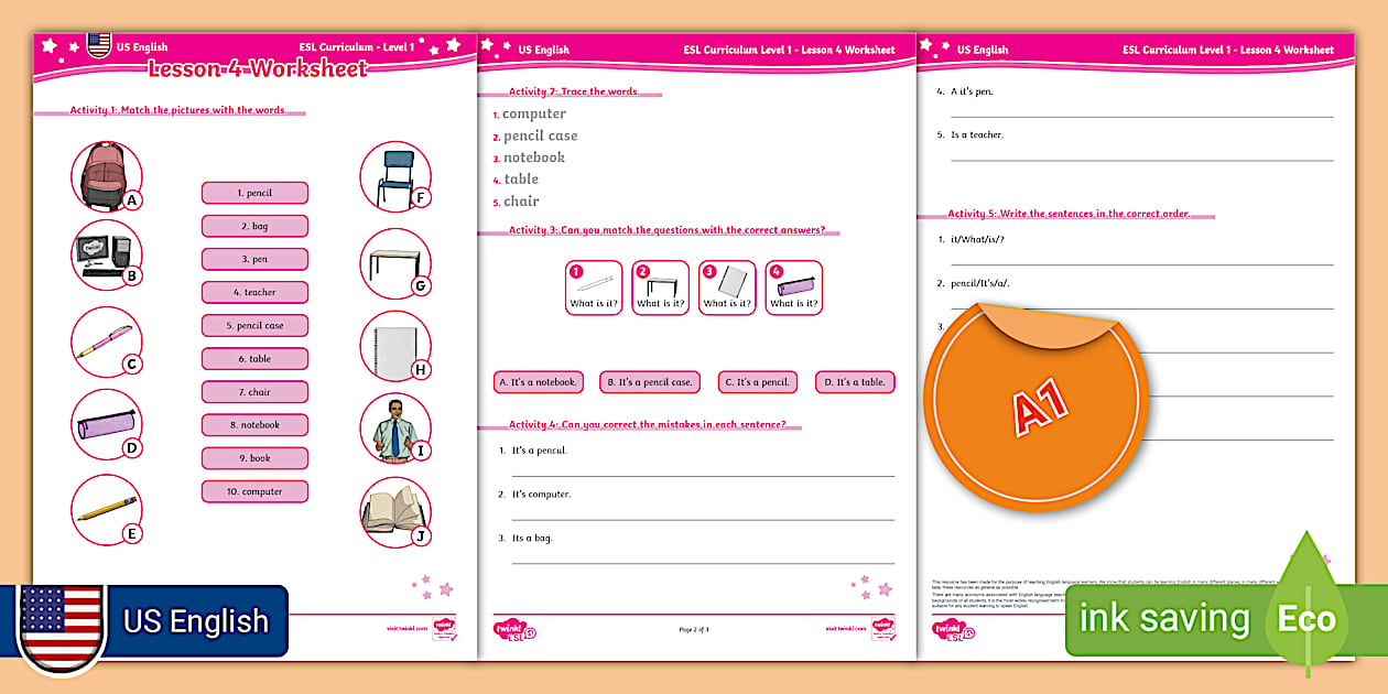ESL Curriculum (US-English Version) Level 1, Lesson 3 Worksheet