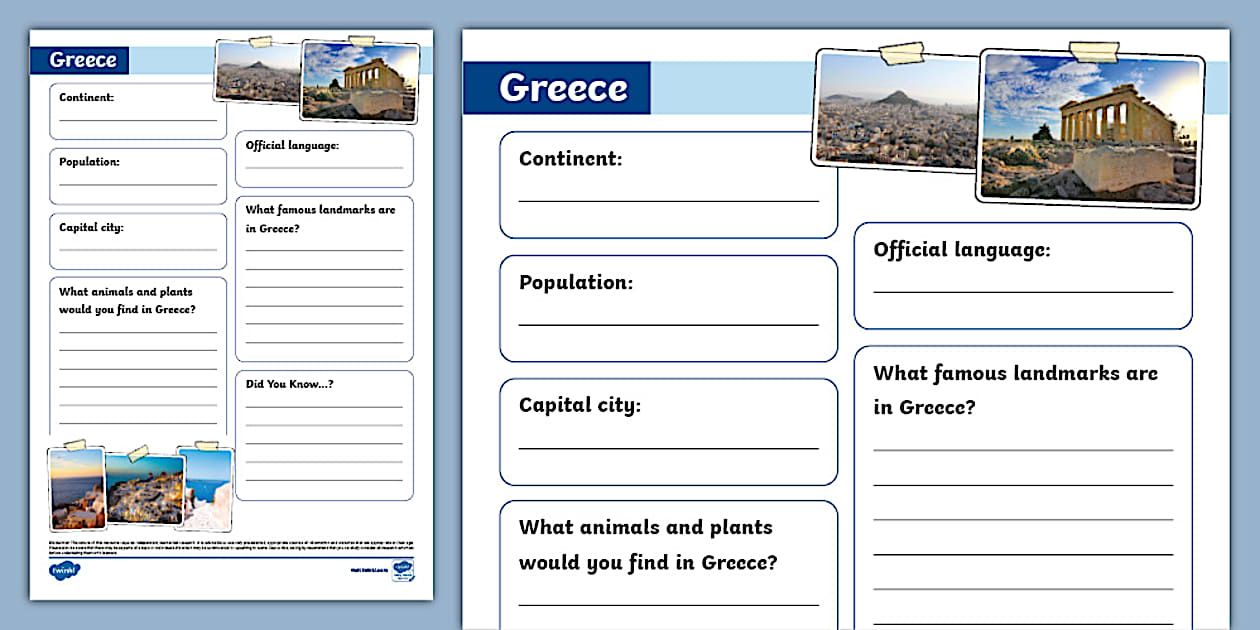KS1 Greece Fact File Template (teacher made) - Twinkl