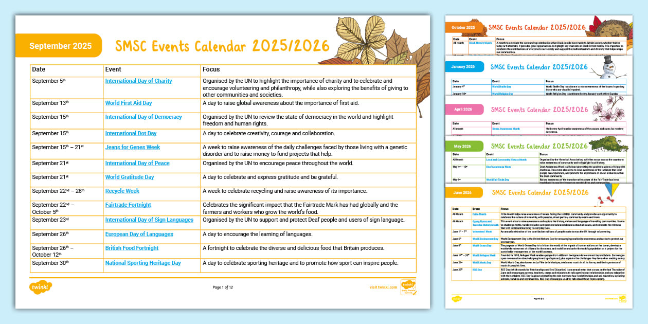 SMSC Calendar 2025/2026 (teacher made) - Twinkl