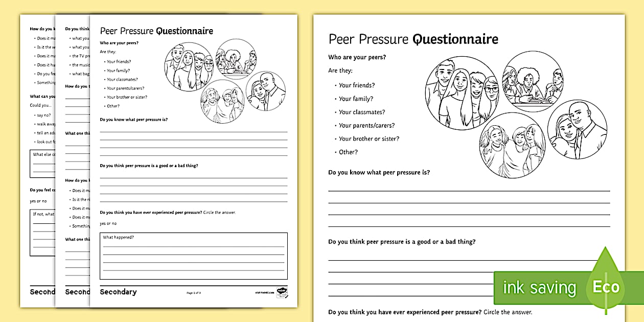 Peer Pressure Questionnaire Worksheet / Worksheet - Twinkl
