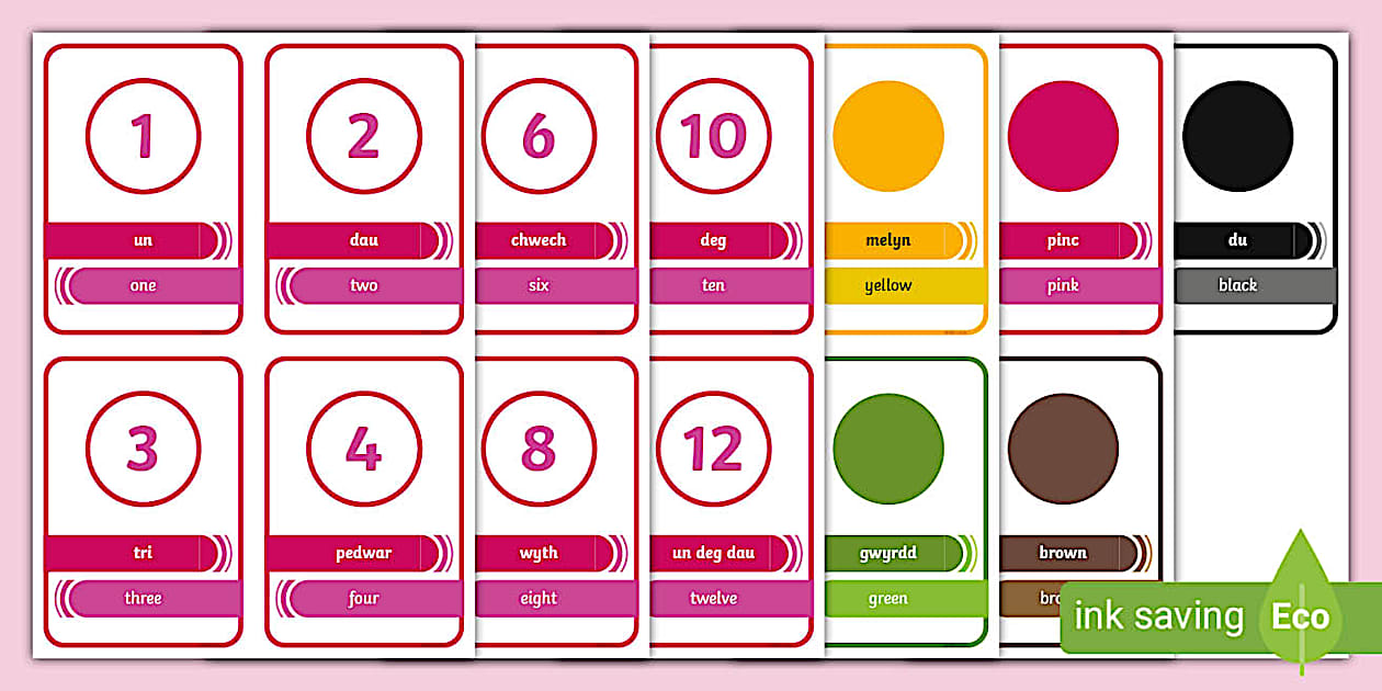 Learn Welsh 11-14: Cardiau Fflach Rhifau a Lliwiau / Numbers and Colours