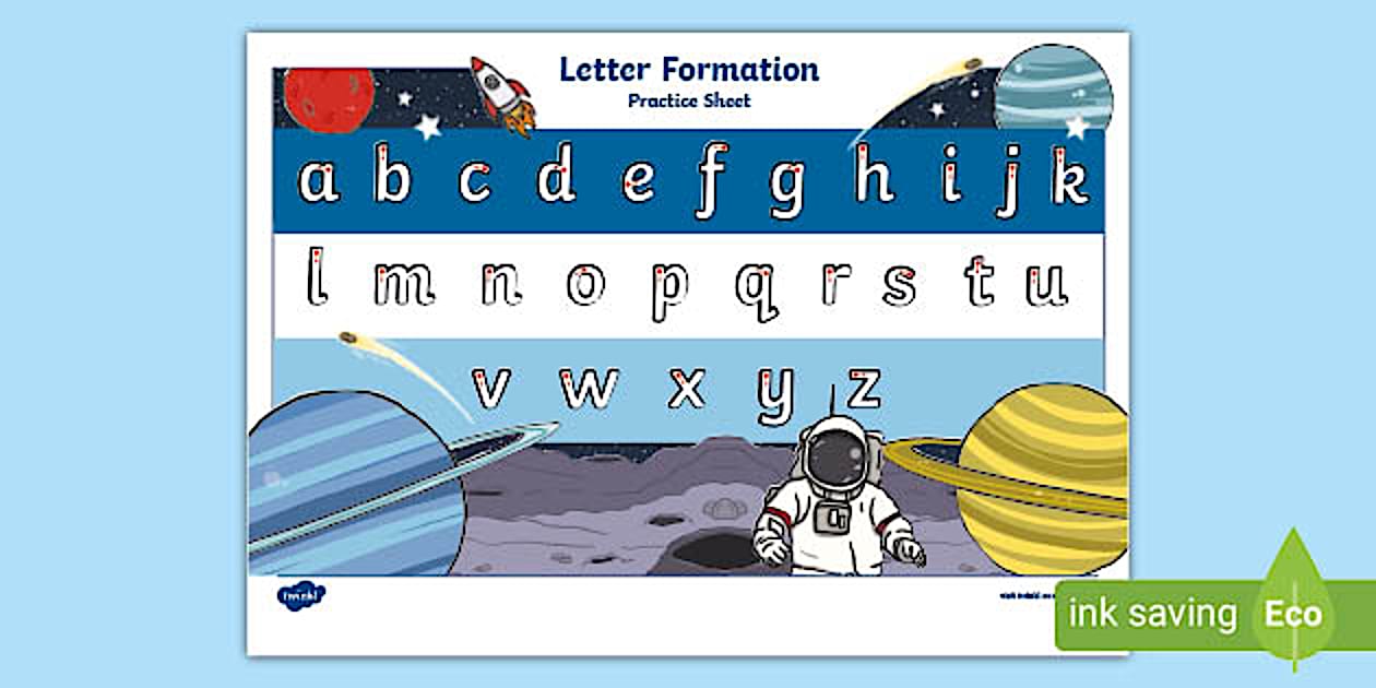 Space Letter Formation Alphabet Handwriting Practice Sheet (Lower Case)