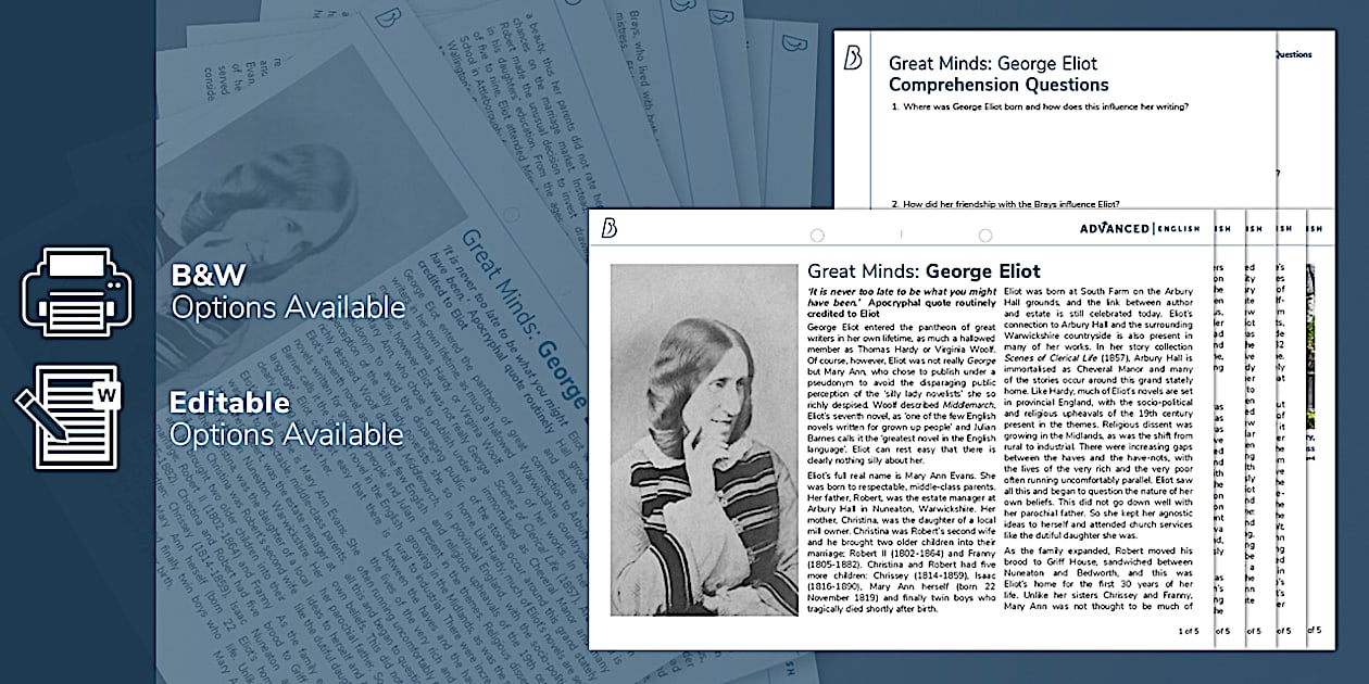 KS5 Great Minds: George Eliot Reading Comprehension - Twinkl