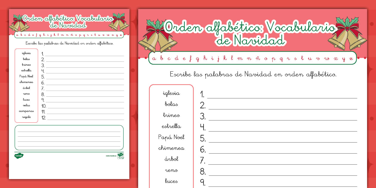 Ficha de actividad: Orden alfabético - Vocabulario de Navidad