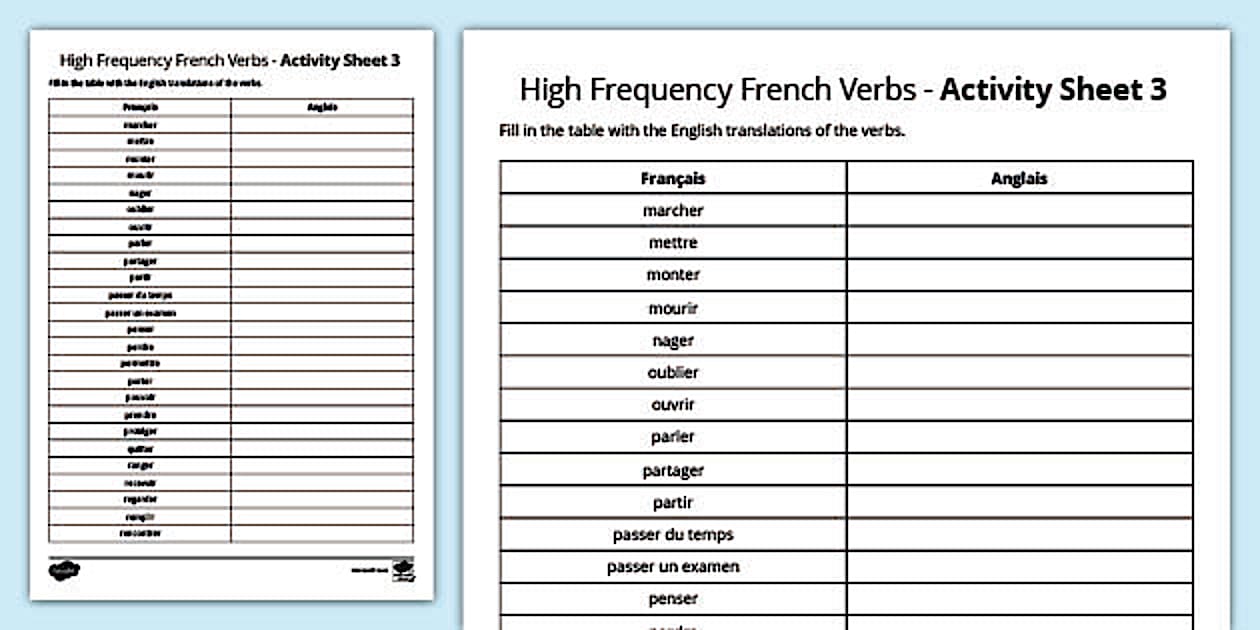 100 High Frequency French Verbs Worksheet / Worksheet 3, worksheet