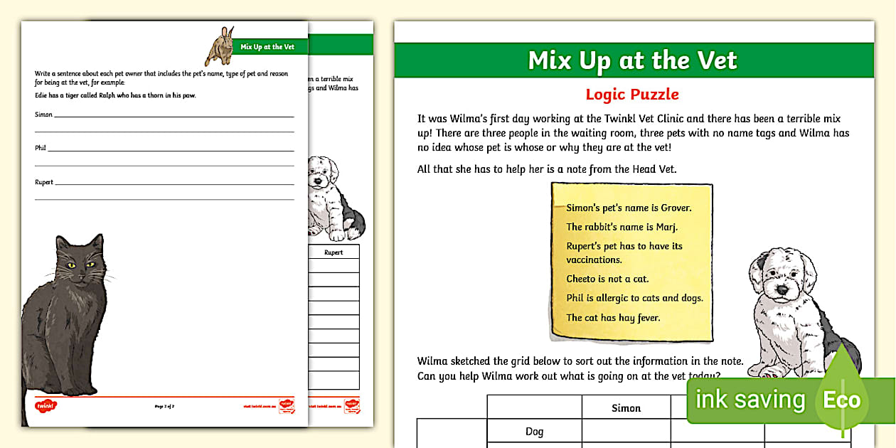Mix Up at the Vet Logic Puzzle (teacher made) - Twinkl